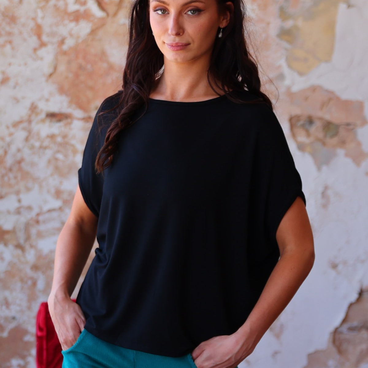 Loose Fitting Batwing Rayon Top Black | Karma East Australia