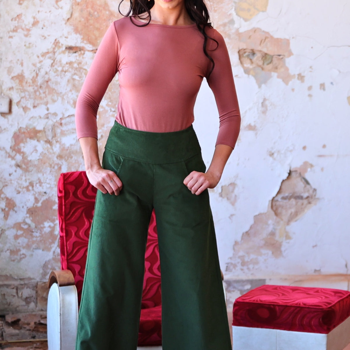 Cotton Corduroy Wide Leg Esta Pants Olive Green | Karma East Australia