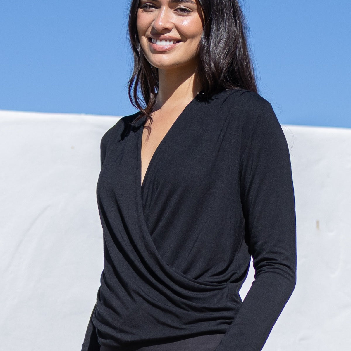 False Wrap Top Black | Soft Stretch Rayon Crossover Top – Karma East