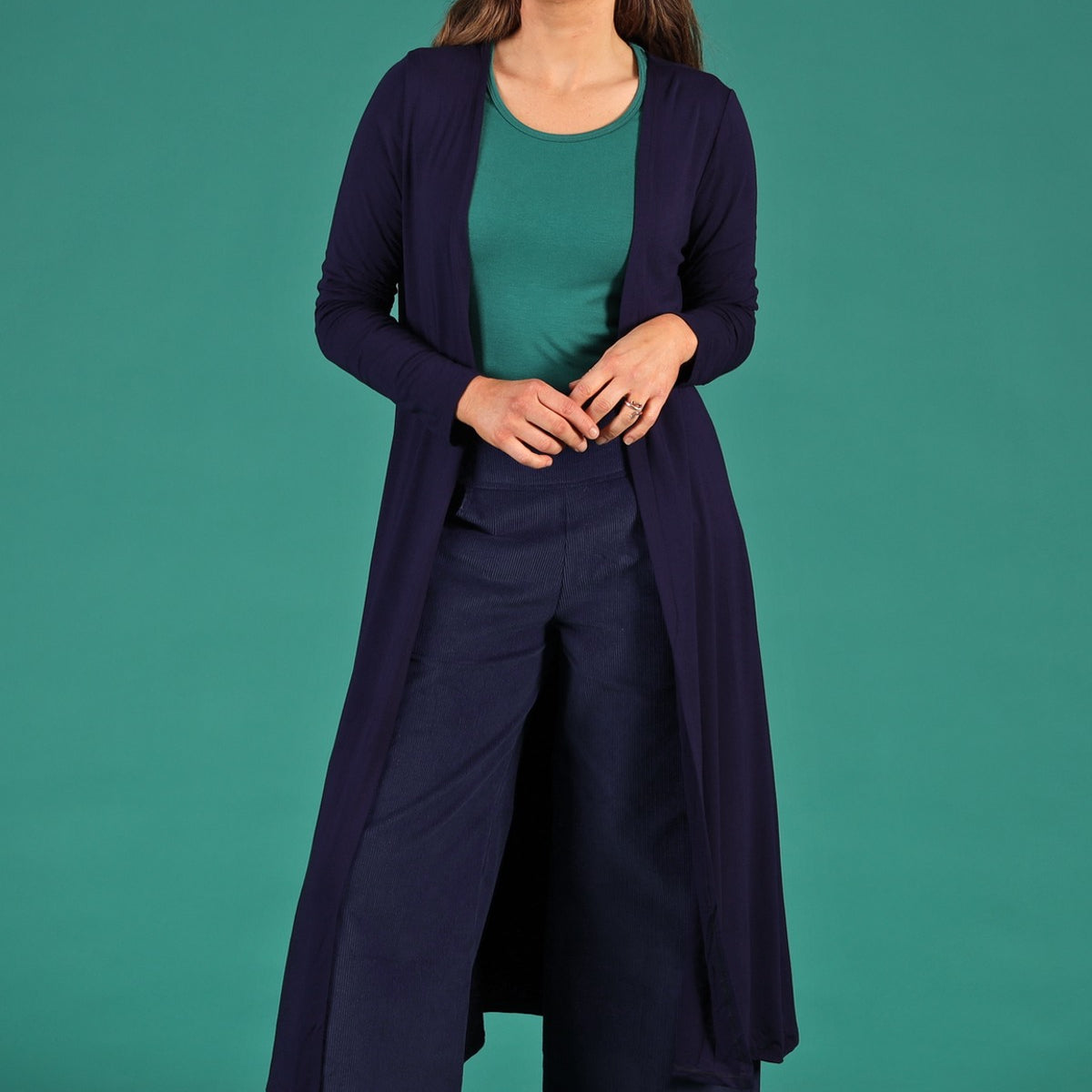 Long Sleeve Stretch Rayon Duster Cardi Navy Blue | Karma East Australia