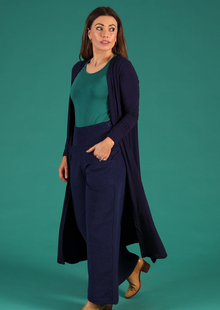 Long Sleeve Stretch Rayon Duster Cardi Navy Blue | Karma East Australia