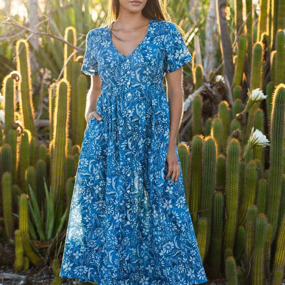 Karma East - 100% Natural Cotton Short Sleeve Blue Dress - Promenade ...