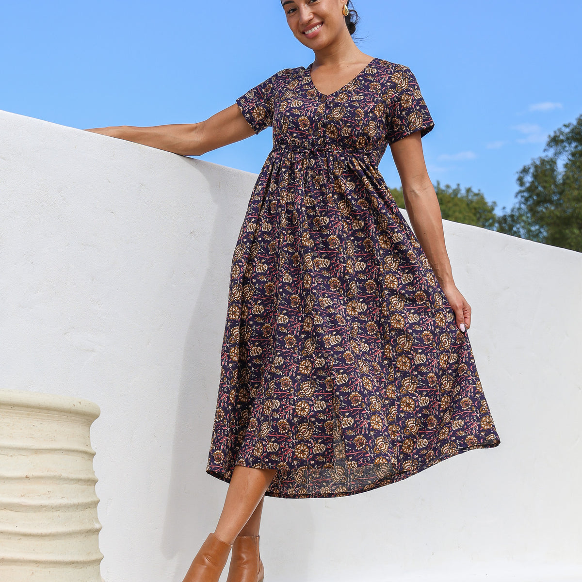Promenade Dress Raani | Purple Based Floral Cotton Button Through Midi ...