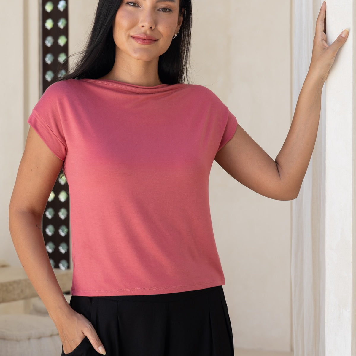 Stretch Rayon Wide Neck Top Rose Pink | Karma East Australia