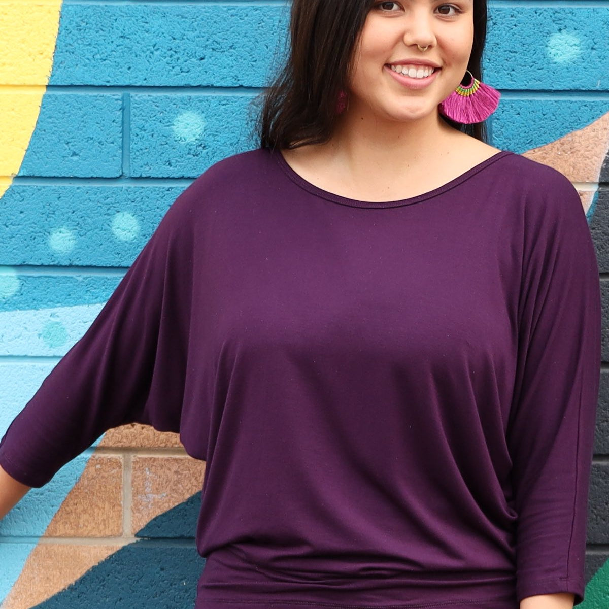 Loose Fitting Rayon Batwing Top Dark Purple | Karma East Australia
